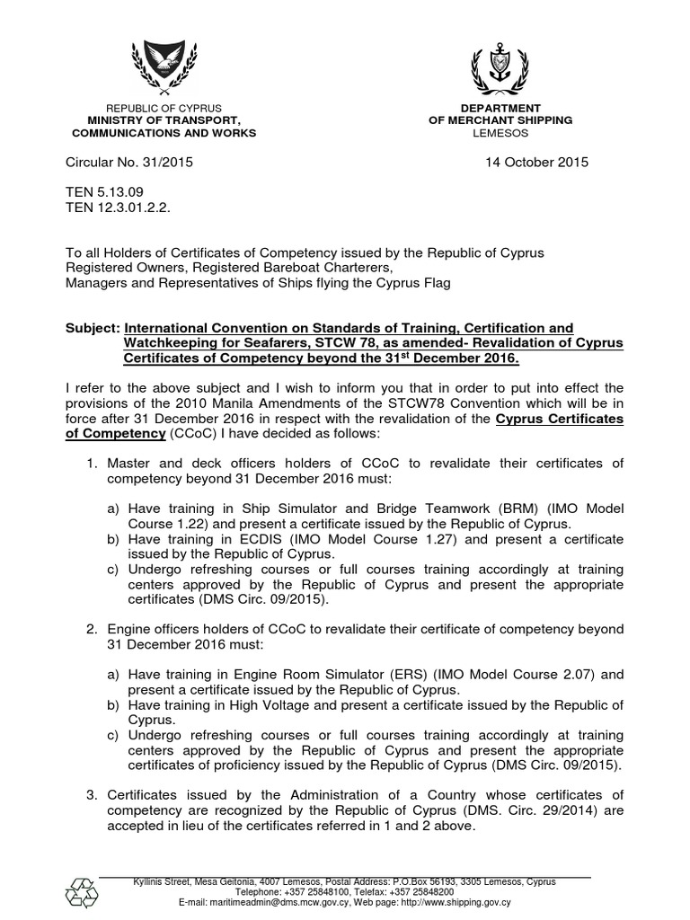 Cir 2015 31 STCW Revalidation of Certificates | PDF | Water Transport ...