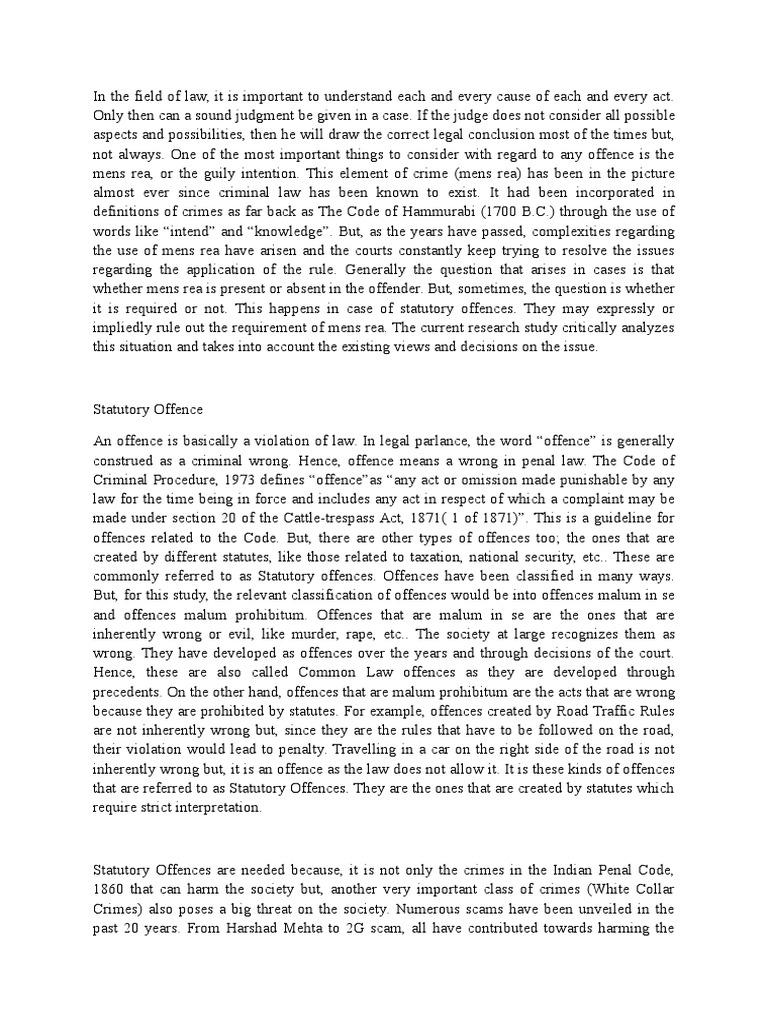 mens rea in statutory offences | Mens Rea | Intention (Criminal Law)