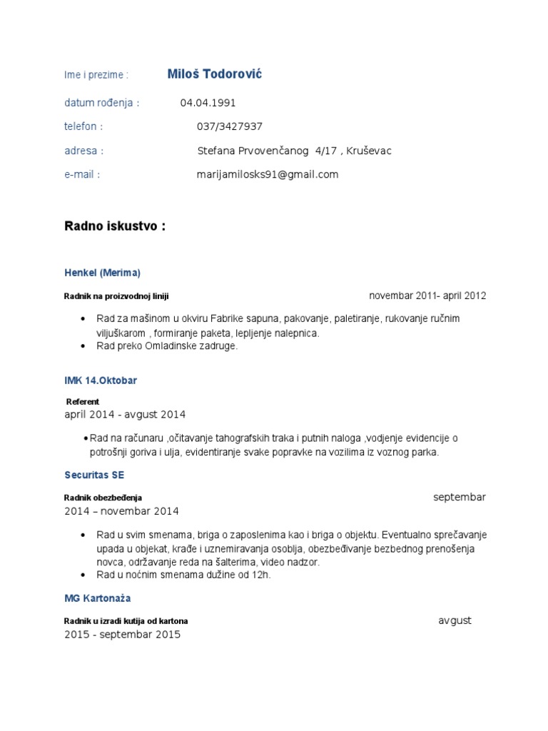Radno Iskustvo Miloša Todorovića | PDF | Career & Growth