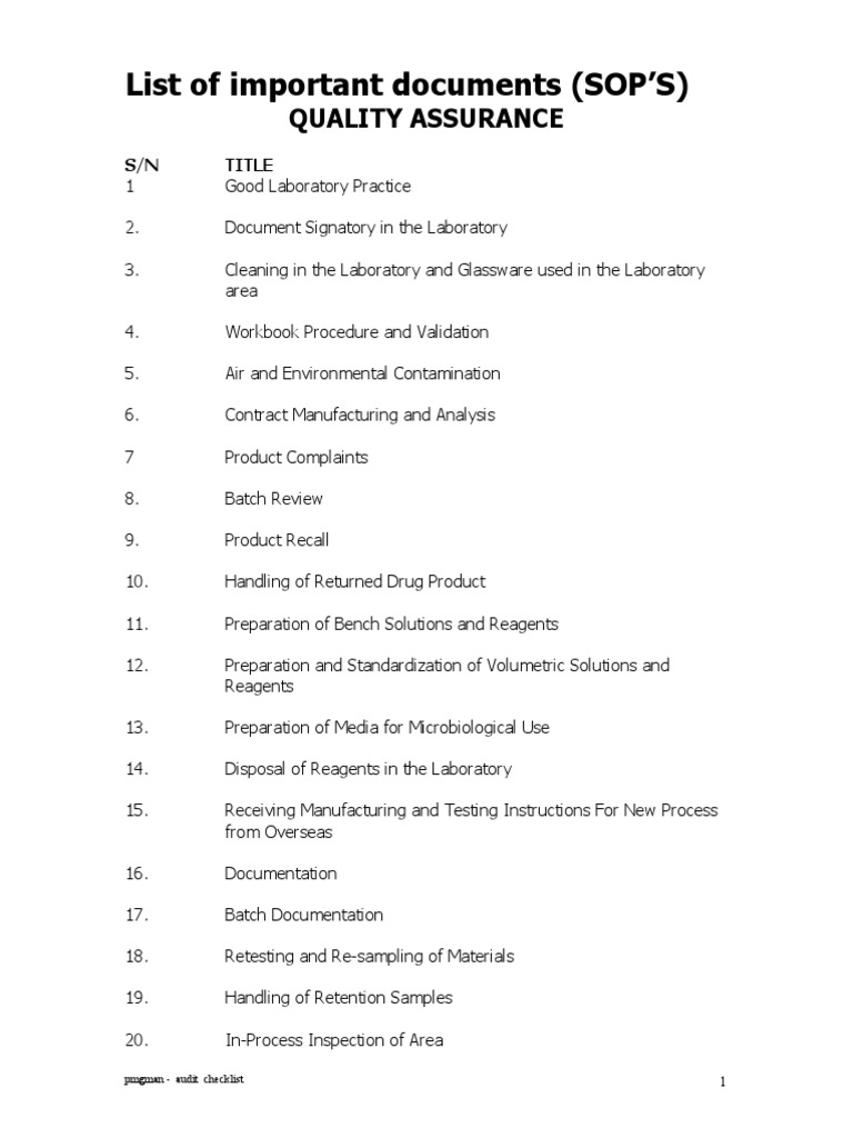 Audit Checklist SOP | Verification And Validation | Quality Assurance