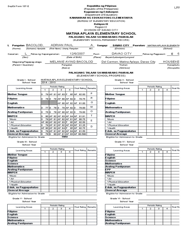 FORM 137-A Sample | PDF | Cognition | Learning