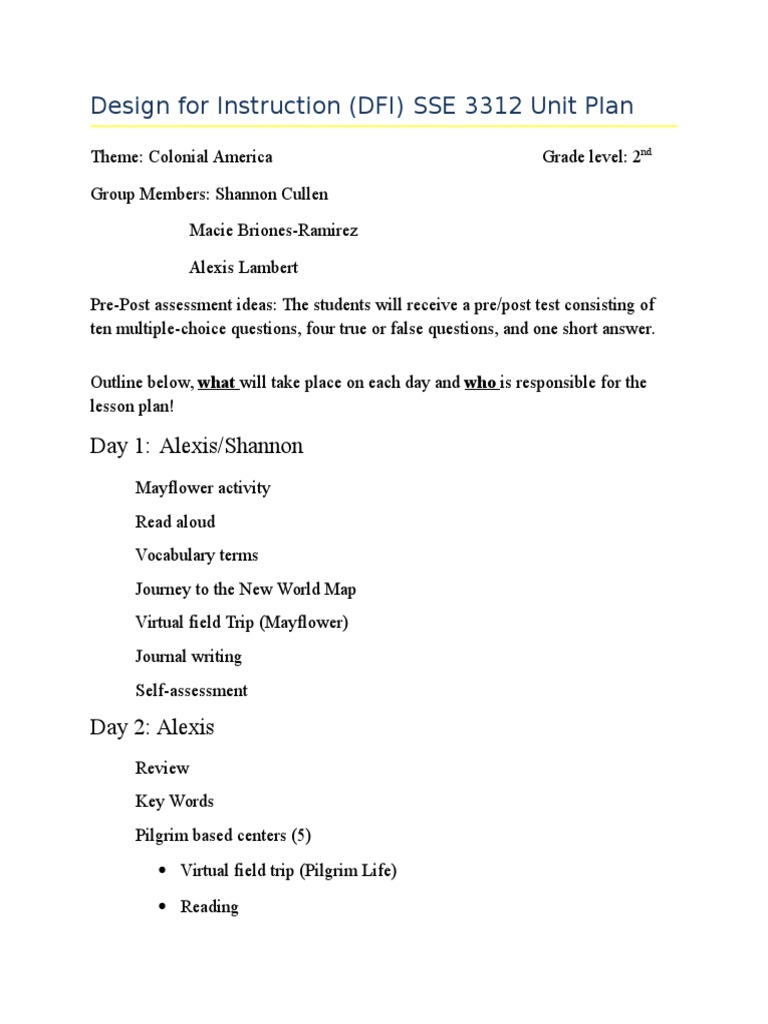 Colonial America Unit Plan for 2nd Grade | PDF