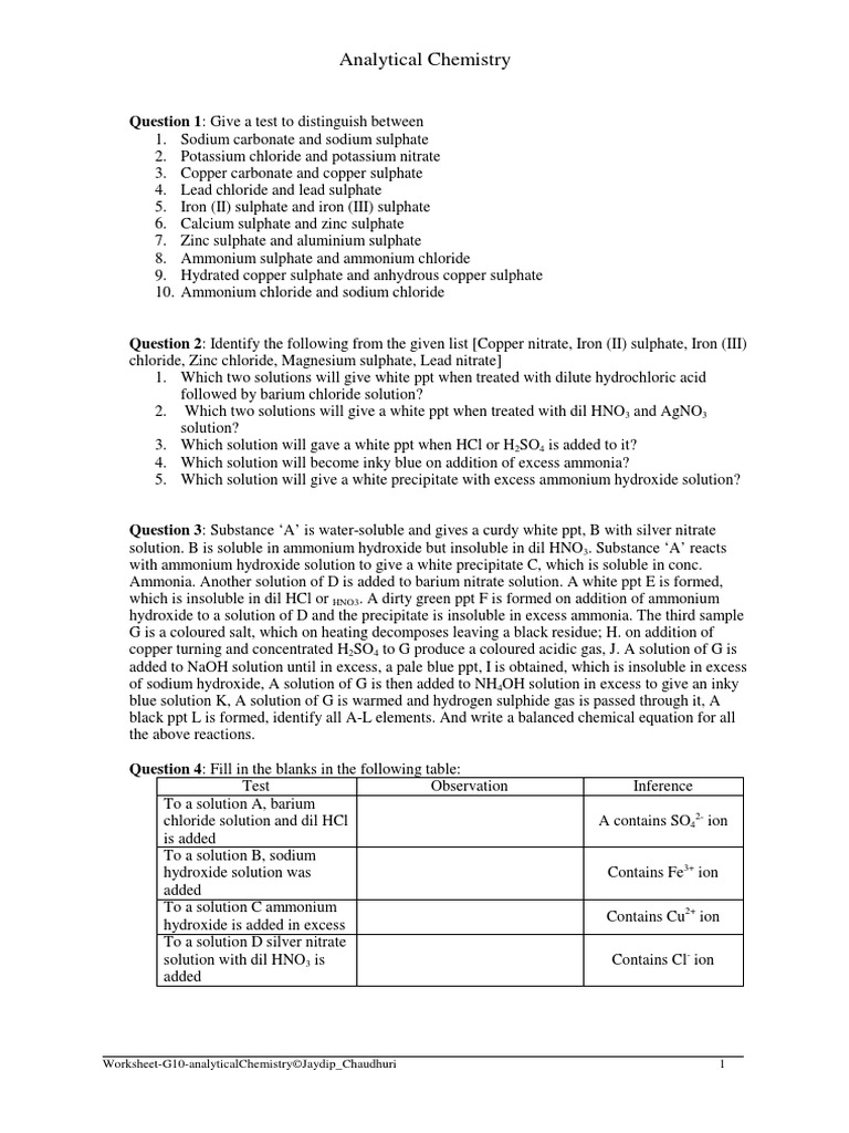 Worksheet G10 AnalyticalChemistry | PDF | Hydroxide | Solubility