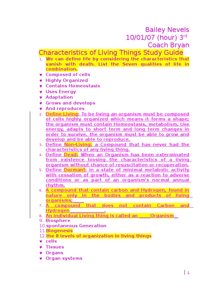 Characteristics of Life Study Guide | PDF