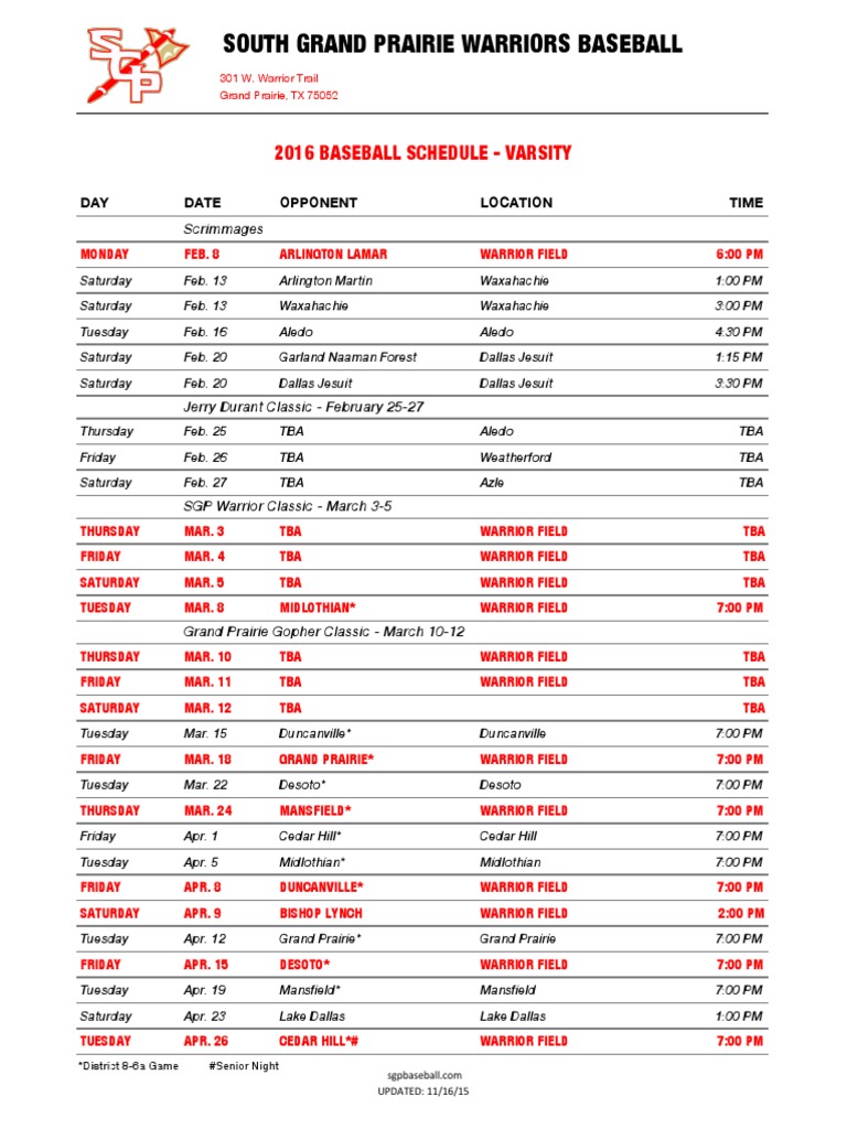 2016 South Grand Prairie Baseball Schedule | PDF | Sports & Recreation