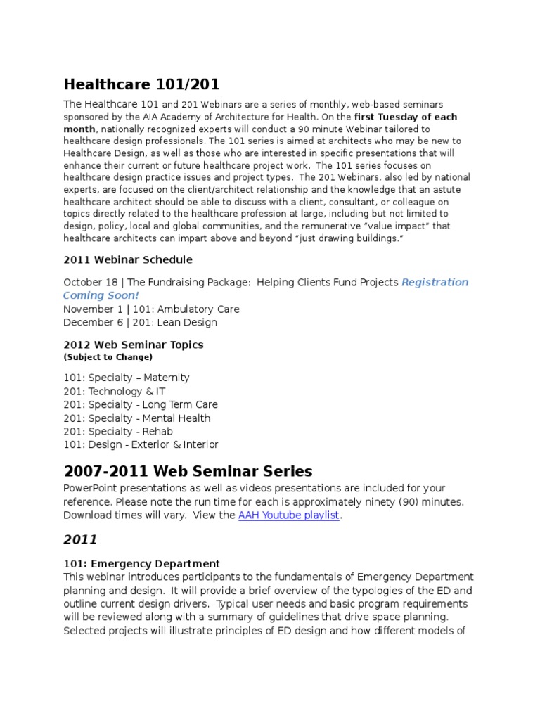 Healthcare 101/201: Month, Nationally Recognized Experts Will Conduct A ...