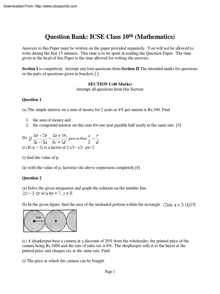 Question Bank ICSE Class 10th Mathematics | PDF | Dividend | Interest