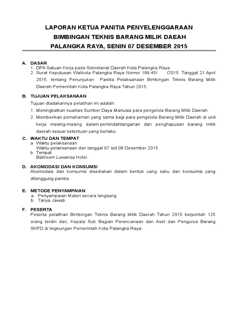 Laporan Ketua Panitia Bimtek BMD | PDF | Teknologi & Rekayasa