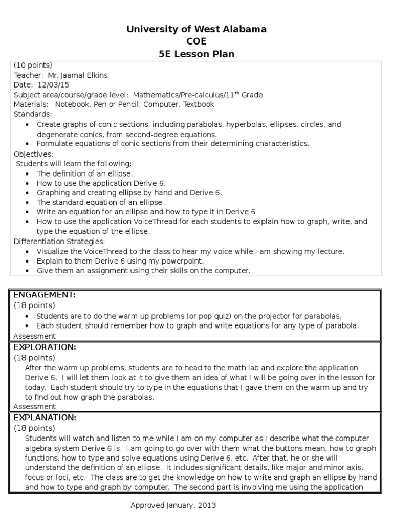 Uwa 5e Lesson Plan Ed 405 1 | PDF | Ellipse | Education Theory