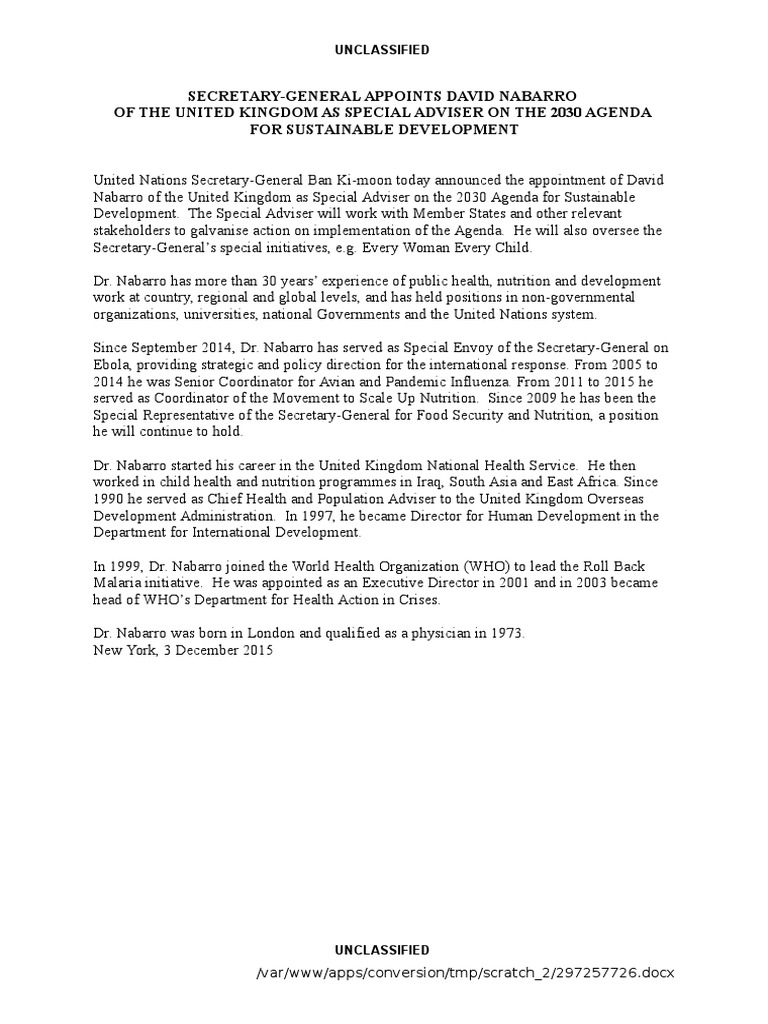 David Nabarro Appointed UN Adviser on 2030 Agenda | PDF | International ...