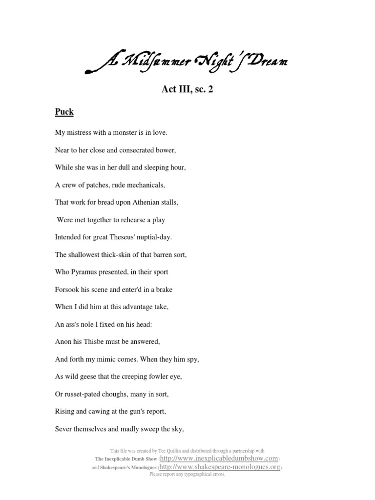 Puck's Monologue from A Midsummer Night's Dream | PDF