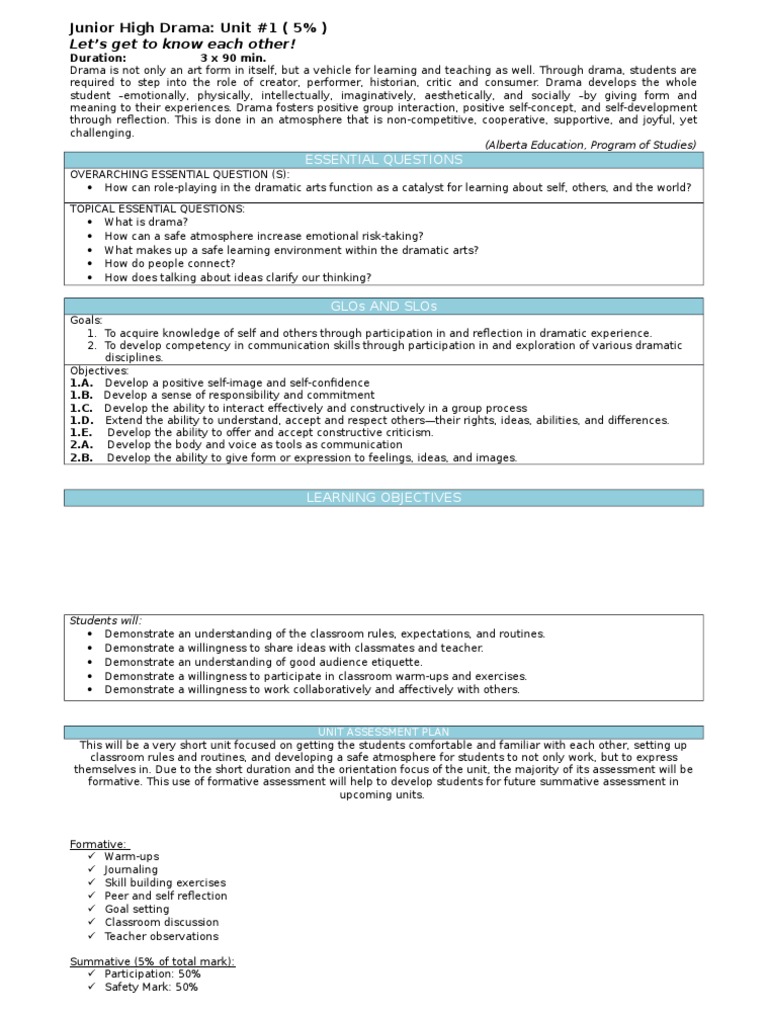 Drama Unit 1 - Orientation 2 | PDF | Educational Assessment | Teachers