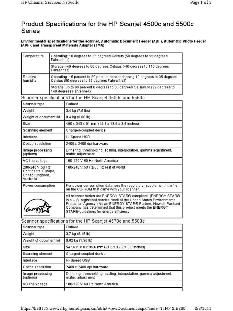 Product Specifications For The HP Scanjet 4500c and 5500c Series | PDF ...