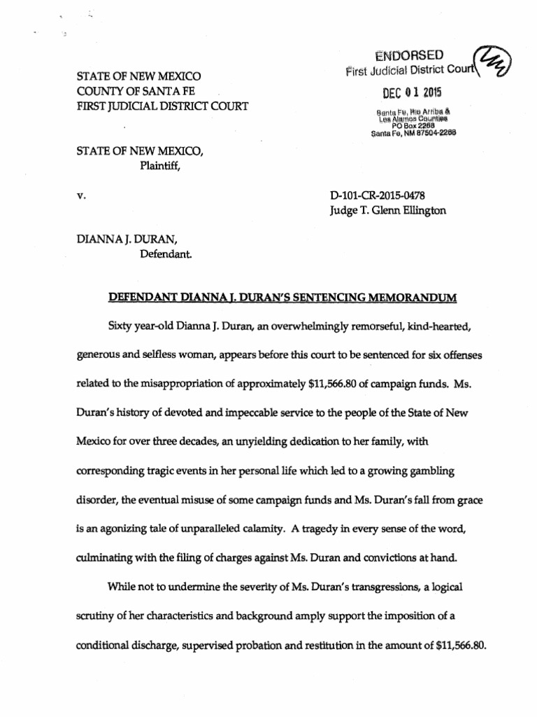 Former New Mexico Secretary of State Dianna Duran Sentencing Memo | PDF | Penology | Criminal Law