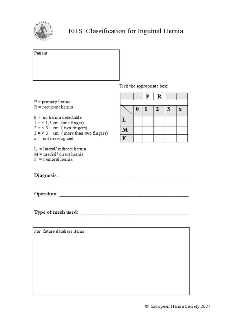 EHS Classification For Inguinal Hernia: P R 0 1 2 3 X L M F | PDF