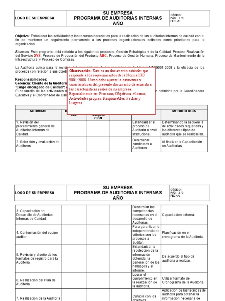 Modelo - Programa de Auditorías Internas