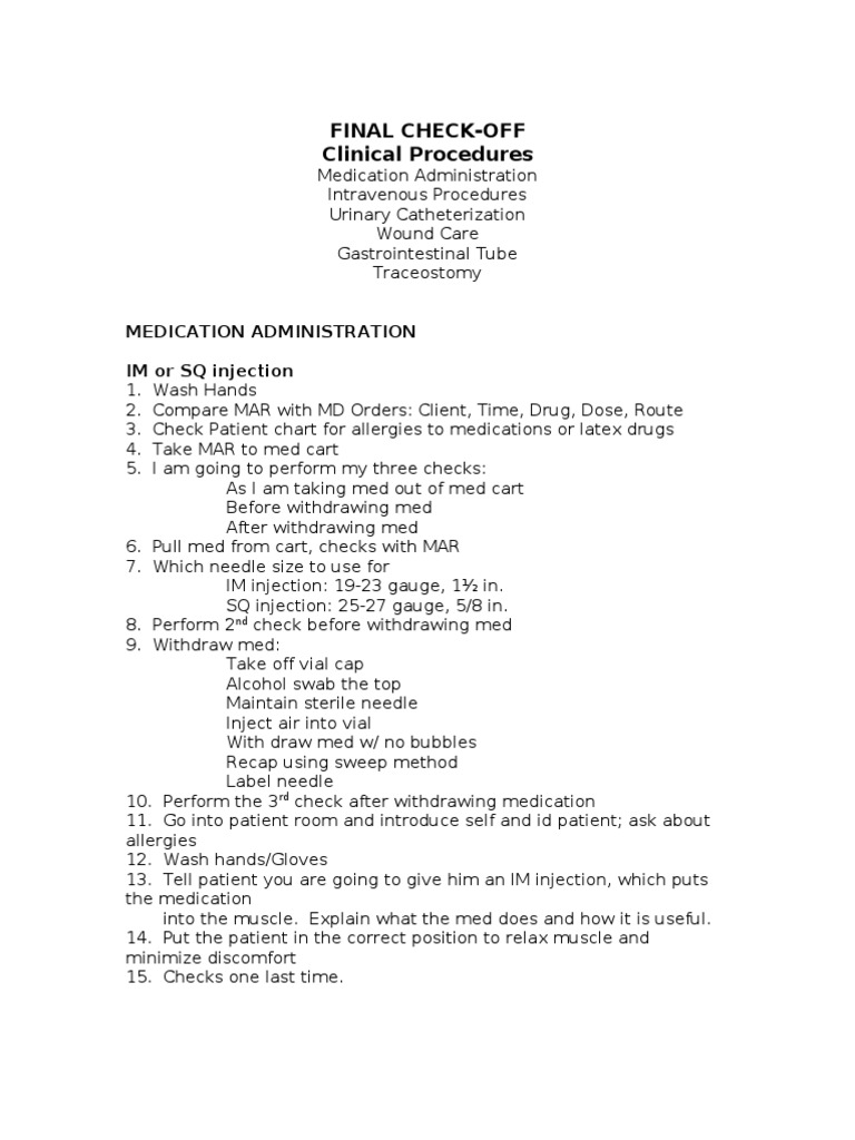 Final Nursing Skills Check-Off | PDF | Intravenous Therapy | Injection (Medicine)
