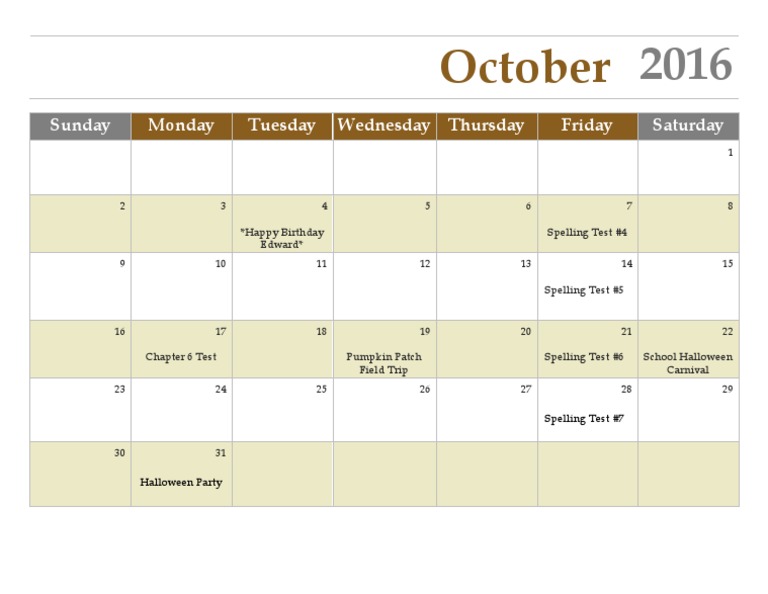October 2016 School Events Calendar | PDF | Home & Garden
