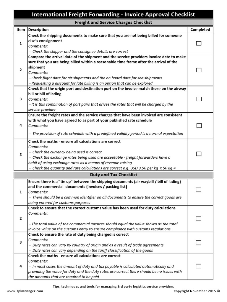 Freight Forwarder Invoice Approval Checklist | Invoice | Customs