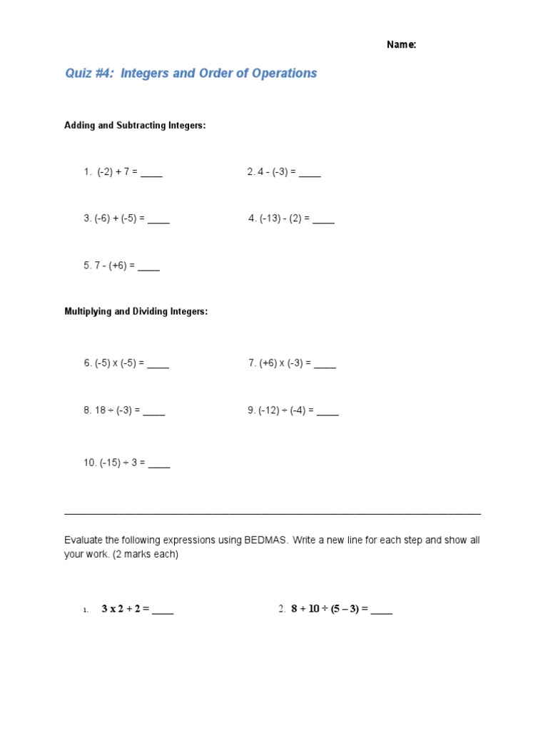 Quiz 4 Intergers and Order of Op | PDF | Business | Teaching Methods ...