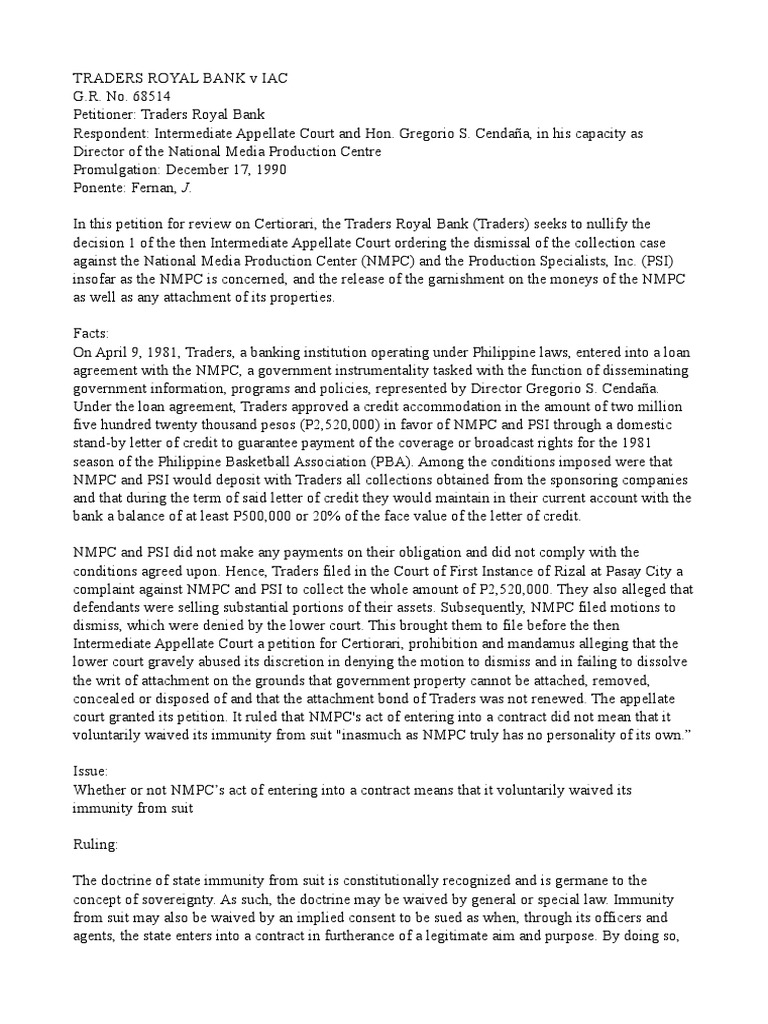 051 Traders Royal Bank V Iac | PDF | Sovereign Immunity | Lawsuit