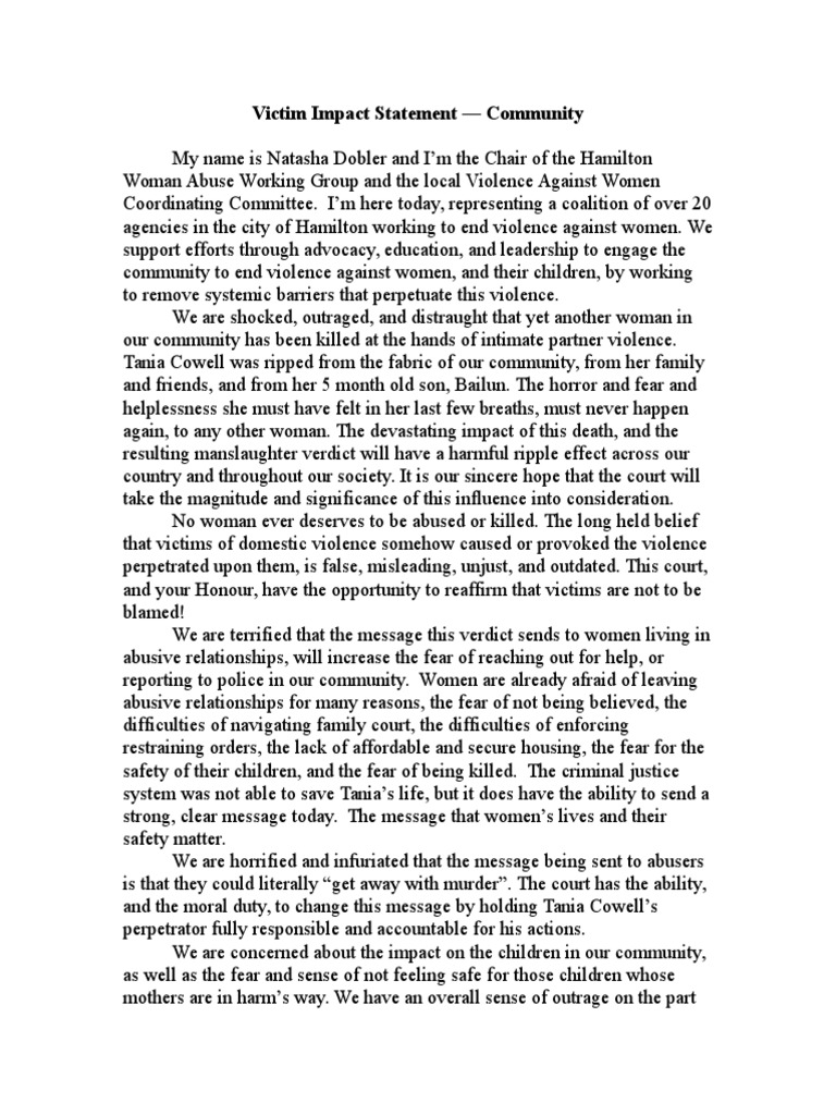 Community Impact Statement | PDF | Domestic Violence | Violence