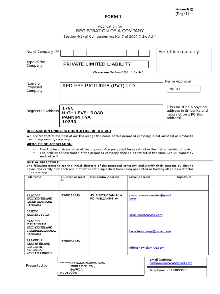 Company Registration Application Form | PDF | Official Documents | Justice