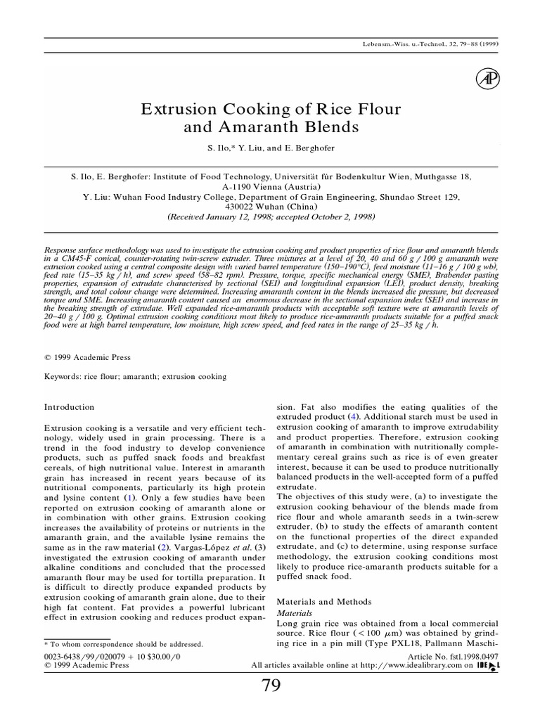 Extrusion Cooking of Rice Flour | PDF | Extrusion | Viscosity
