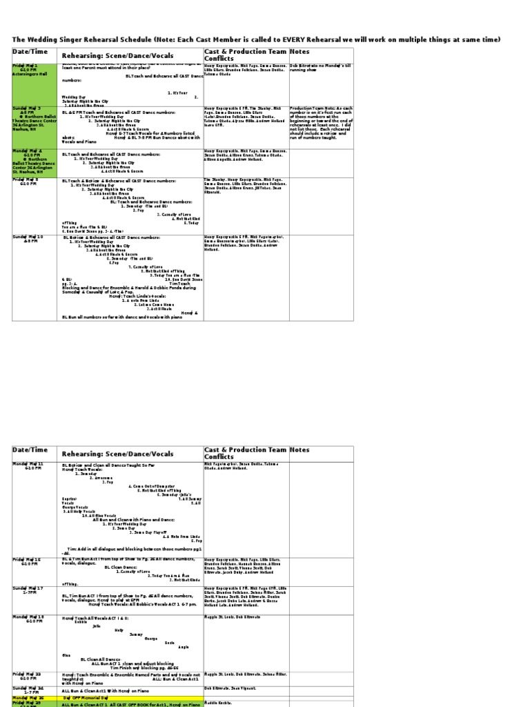 Wedding Singer Rehearsal Schedule | PDF | Entertainment | Performing Arts