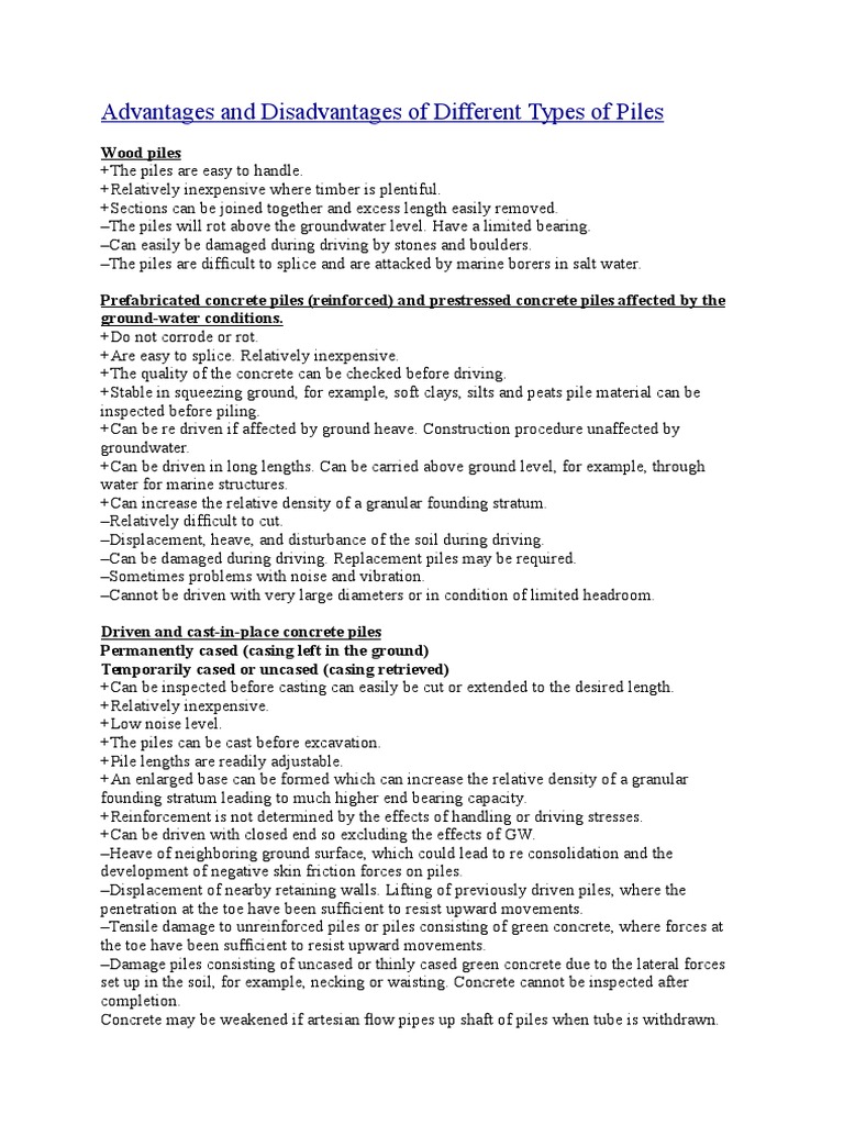 Advantages and Disadvantages of Different Types of Piles | PDF | Deep ...