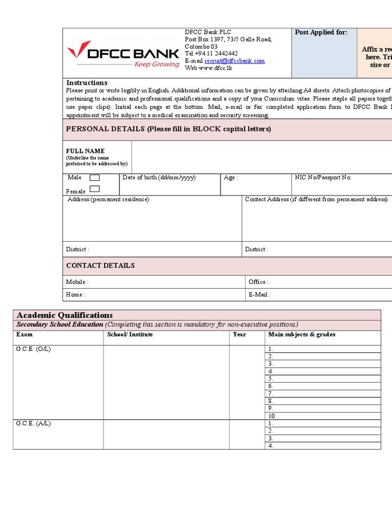 DFCC Bank Application | PDF | Mail | Academic Degree