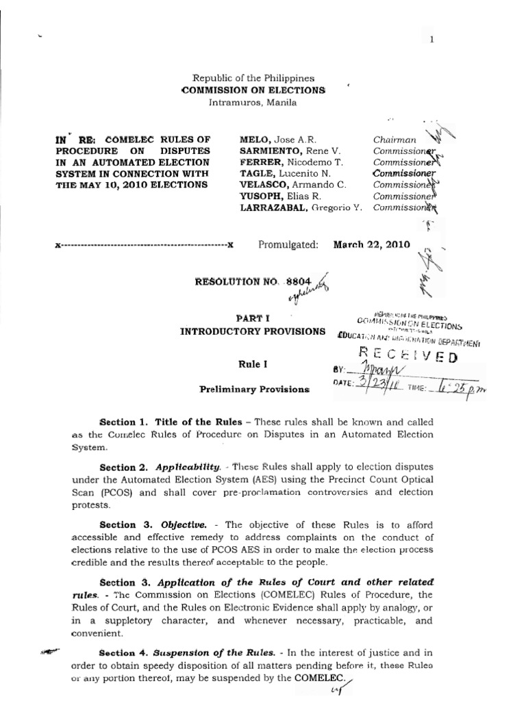 Comelec Resolution No. 8804 - Comelec Rules of Procedure on Disputes in ...