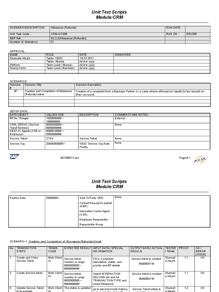 Unit Test Scripts Module:CRM: Scenario/Description: Run Date: Unit Test ...