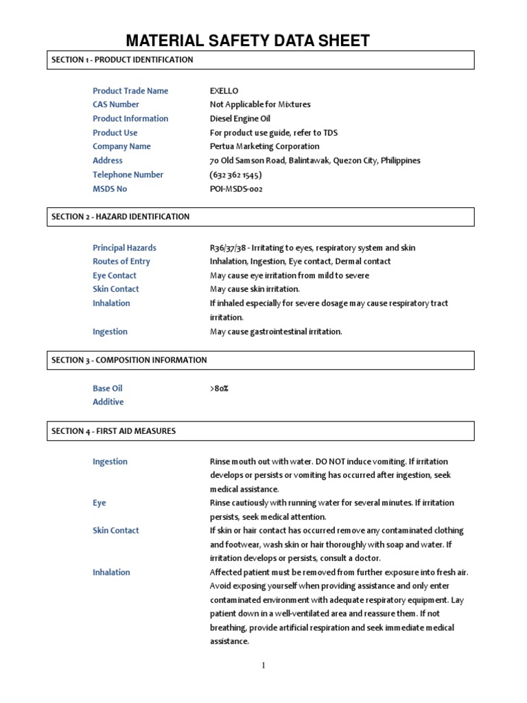Pertua Exello Engine Oils - Material Safety Data Sheet | Firefighting ...