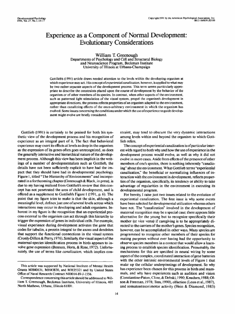 Experience As A Component of Normal Development Evolutionary ...