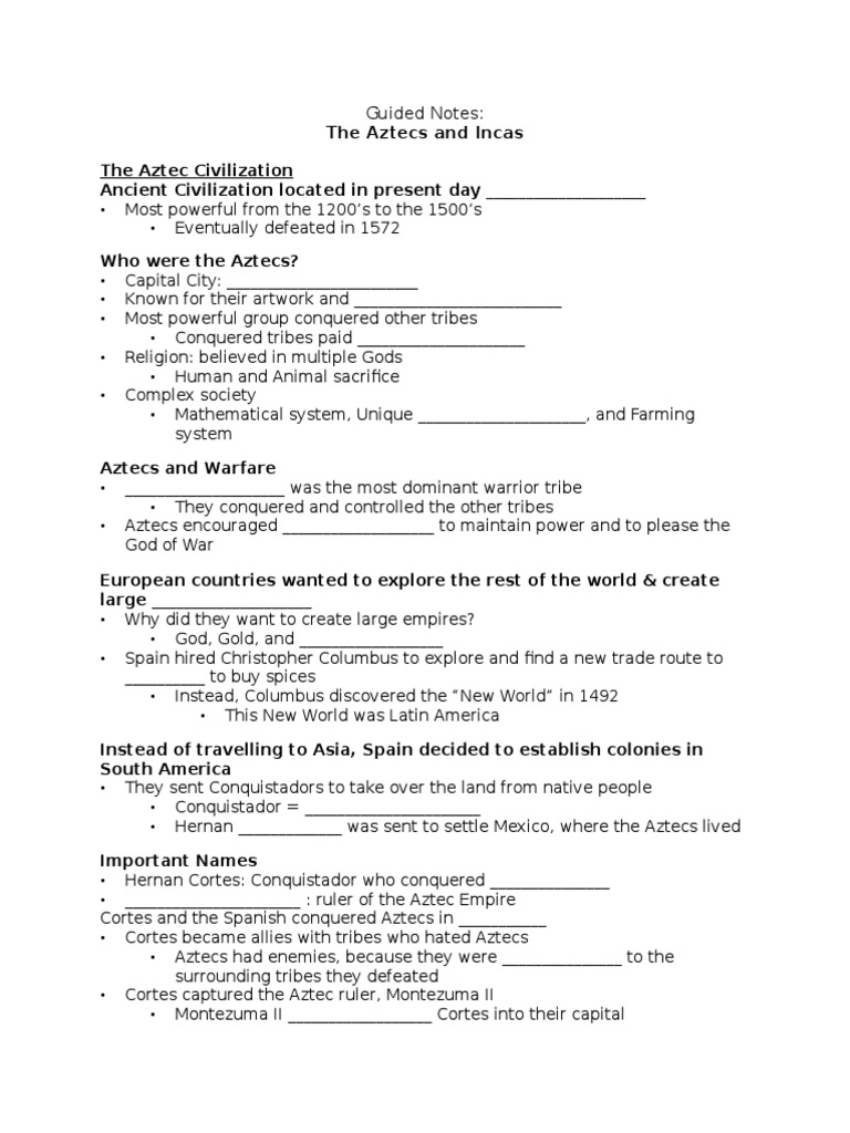Aztecs and Incas Guided Notes | PDF | Aztec | Conquistador