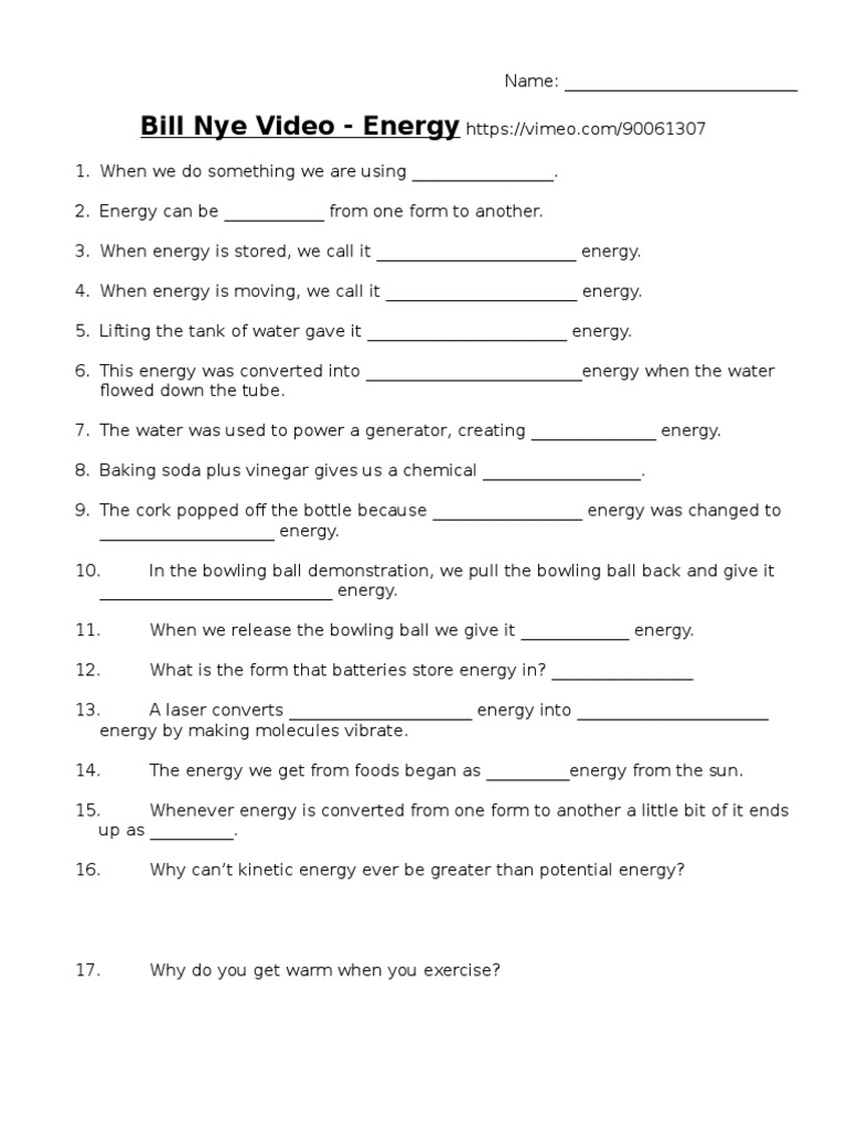 Bill Nye Energy Video Worksheet | PDF | Mechanics | Physical Chemistry