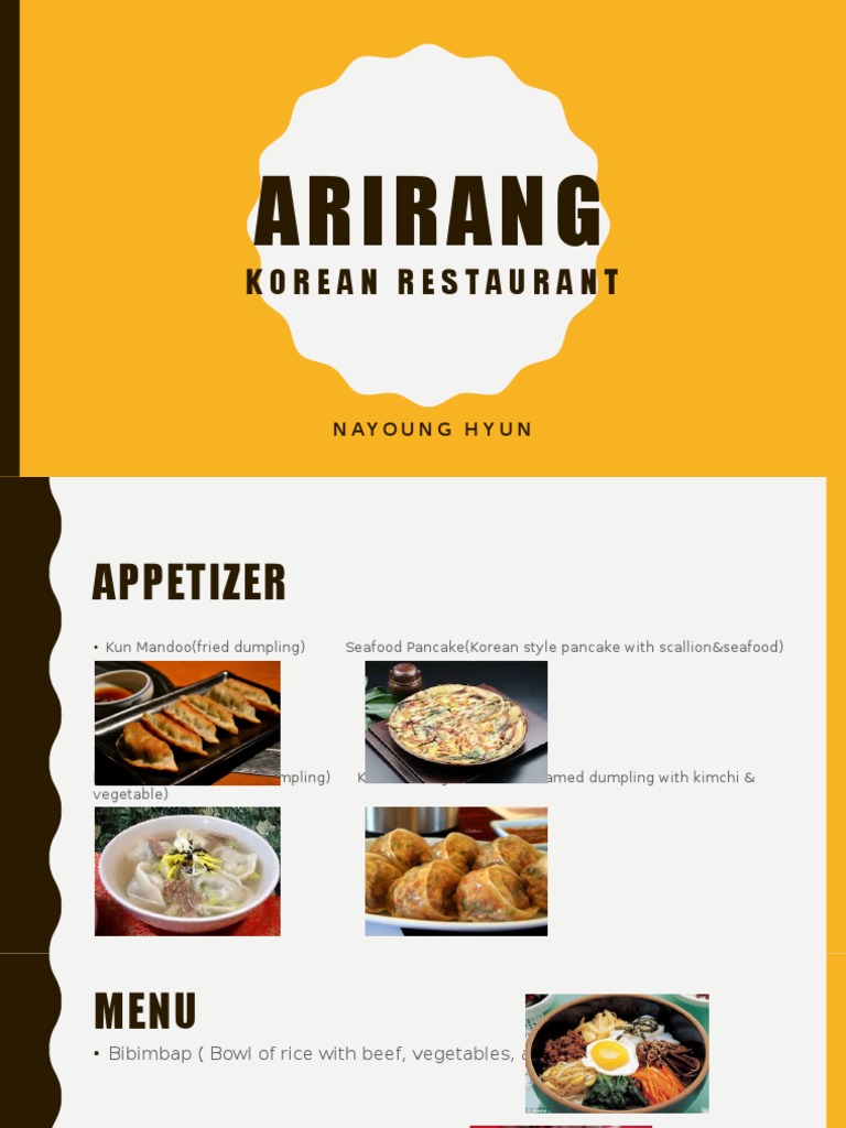 Arirang Korean Restaurant Menu | PDF | Cooking, Food & Wine