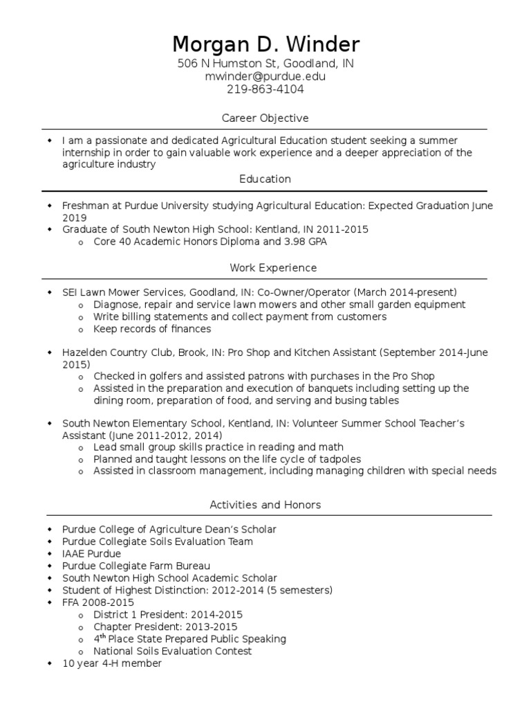 Resume For Ffa Internship | PDF