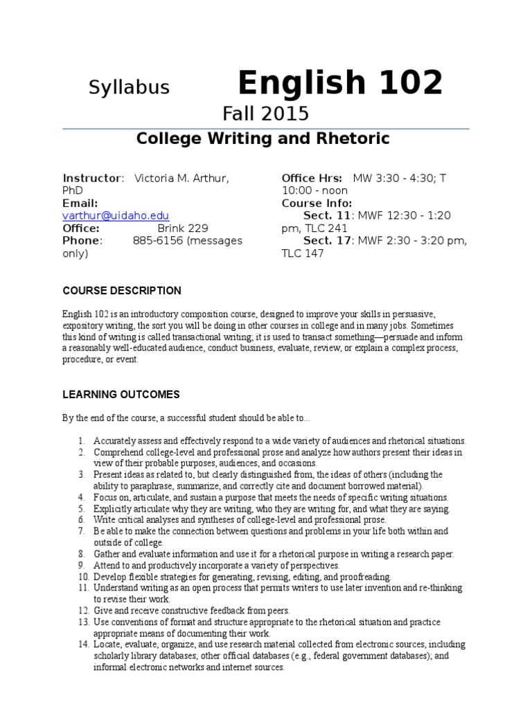 Eng 102 Syllabus | Homework | Grading (Education)