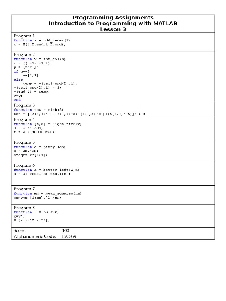 Programming Assignments Introduction To Programming With MATLAB Lesson 3 | PDF