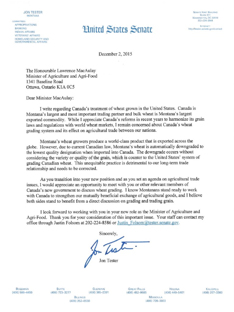 Tester Letter To Canadian Agriculture Minister | PDF
