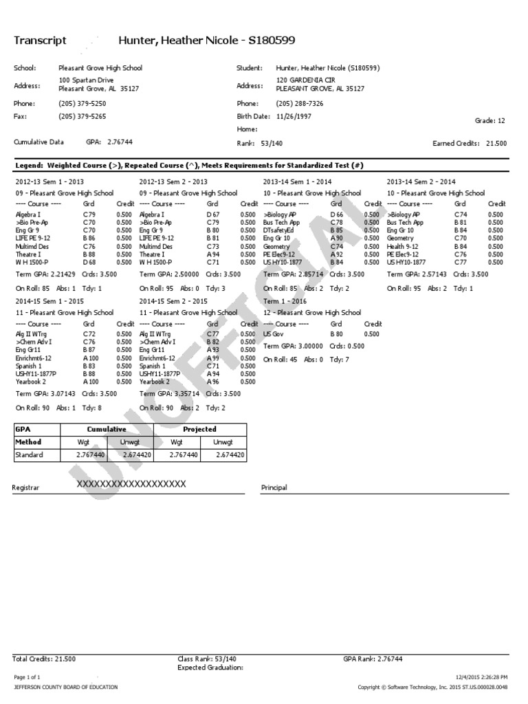 Heather Hunter's High School Transcript | PDF