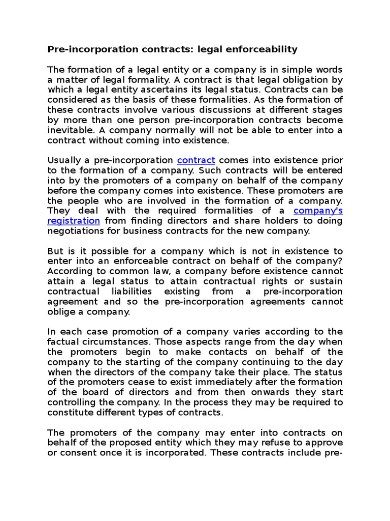 Pre-Incorporation Contract | PDF | Legal Personality | Law Of Agency