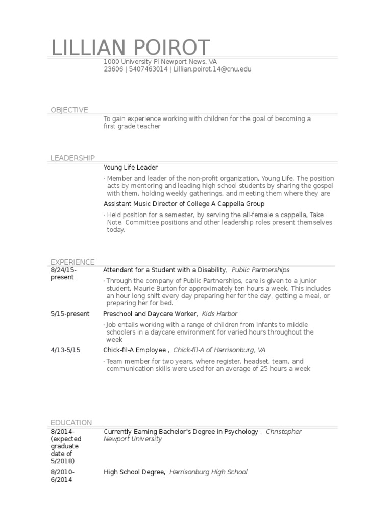 Lillian Poirot's Teaching Experience Resume | PDF
