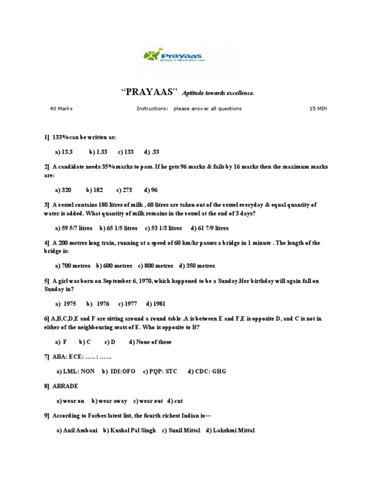 "Prayaas": Aptitude Towards Excellence | PDF