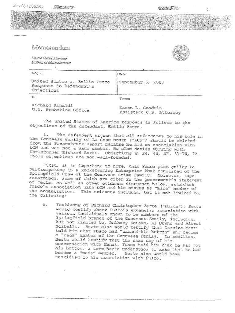Memo From U.S. Attorney's Office Regarding Emilio Fusco's Standing in ...