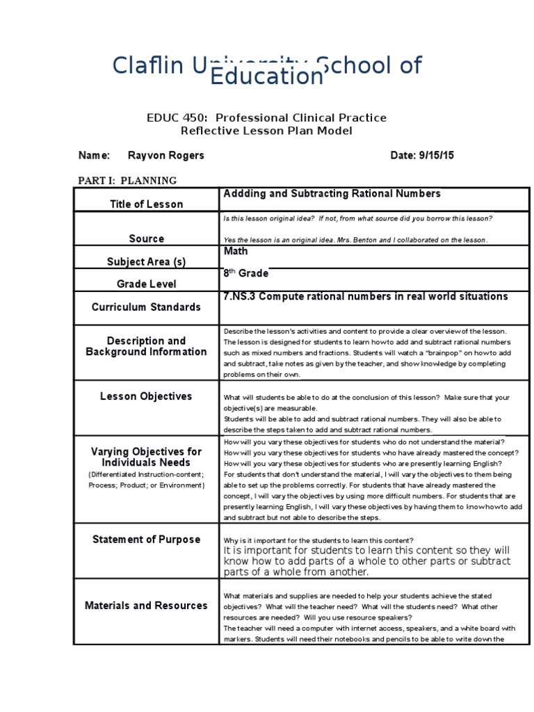 Reflective Lesson Plan For 9-16-15 | PDF | Lesson Plan | Differentiated ...