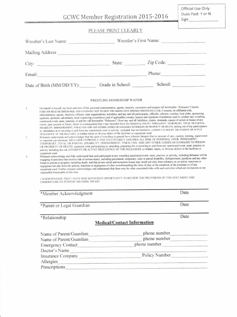 GCWC Wrestler Registration Form 2015-2016 | PDF | Politics | Sports ...