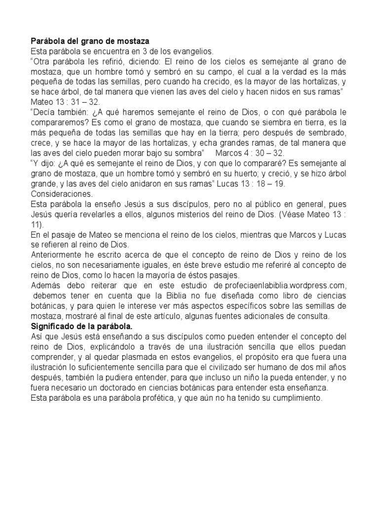 Parábola Del Grano de Mostaza | PDF | Parábolas de Jesús | Reinado y ...